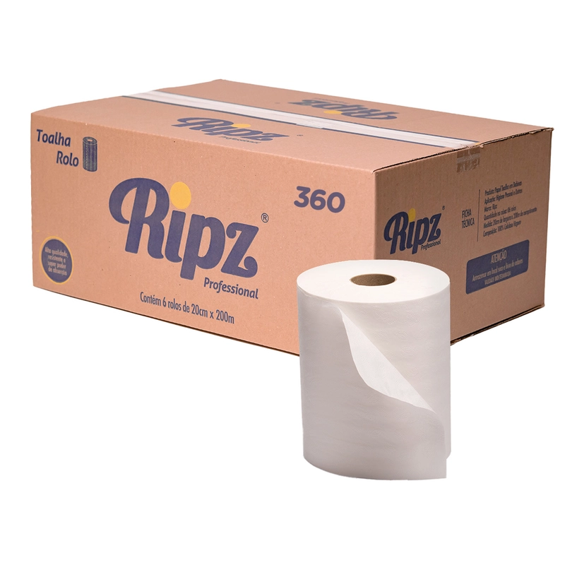 Papel Toalha Rolo Ripz 200m com 6 Rolos de 20G - Ripz